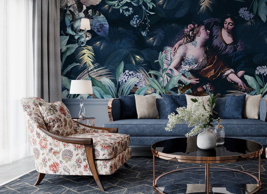 Rococo French Woman Painting Art in Navy Jungle Leaves Wallpaper , Peel ...