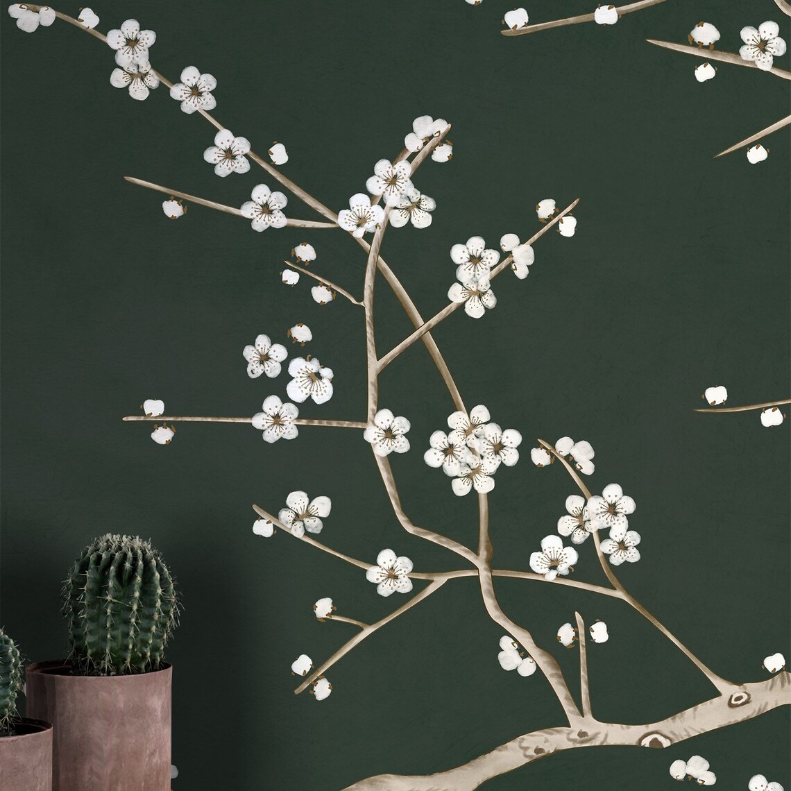 Chinoiserie Flowers and Birds With Naphtha Green Background Wallpaper ...