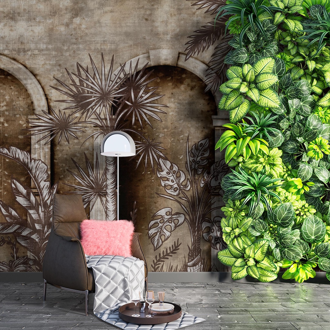 Sepia Tropical Archway Wallpaper Mural With Palm Sketches - Etsy