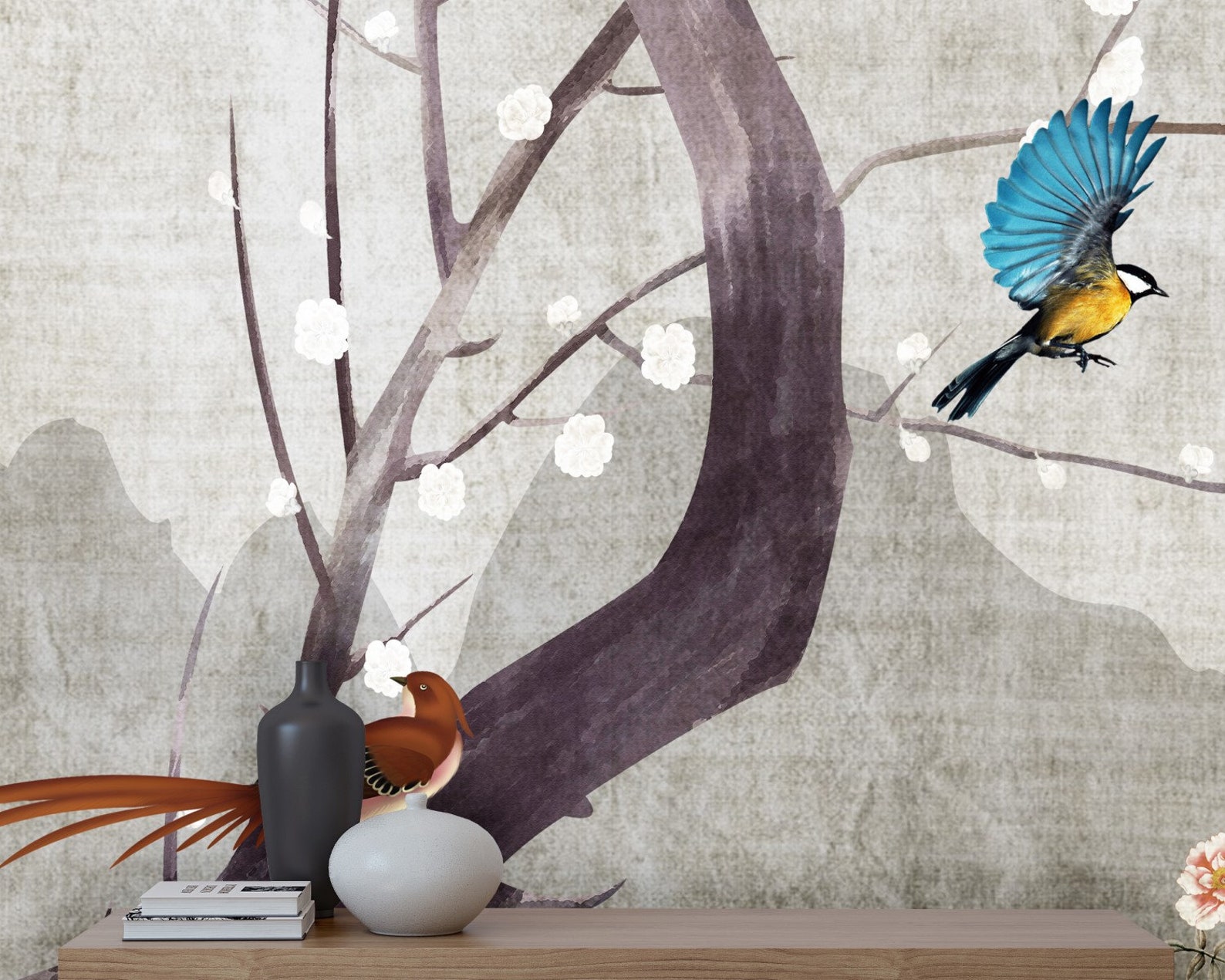 Chinoiserie Wallpaper Chinoiserie Trees and Colorful Birds - Etsy UK