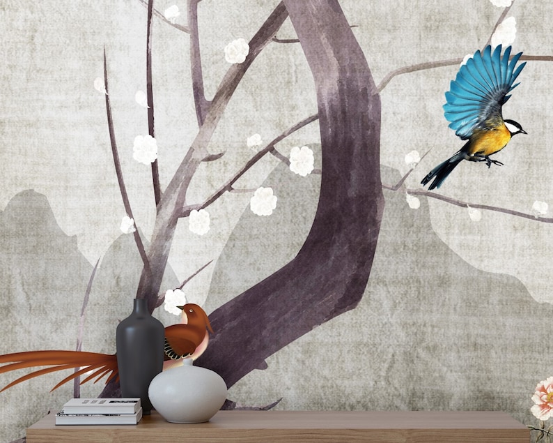 Chinoiserie Wallpaper Chinoiserie Trees and Colorful Birds - Etsy