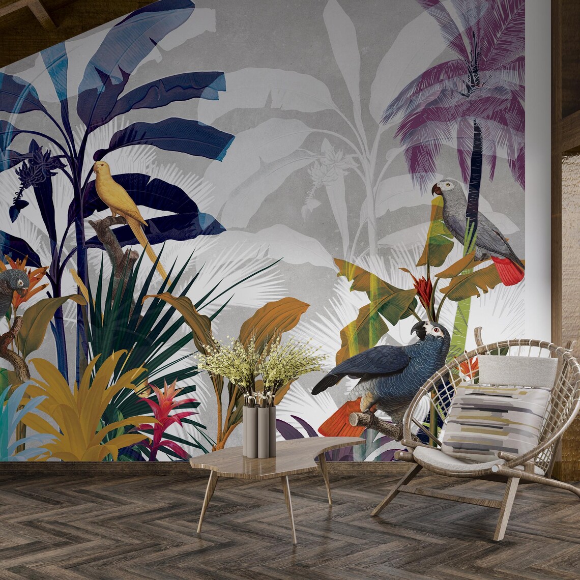Tropical Parrot Jungle Wallpaper Mural With Banana Leaves Peel & Stick ...