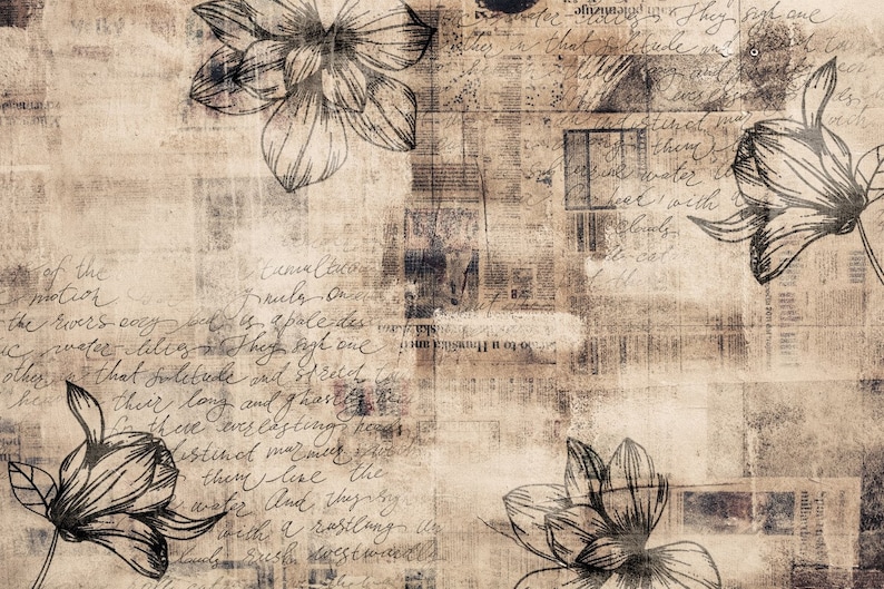 Newspaper Collage Flowers Sketch Mural Wallpaper Peel and | Etsy