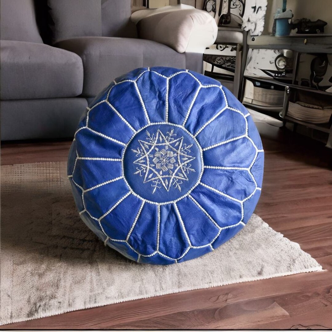 Moroccan Leather Pouf Royal Blue - Etsy