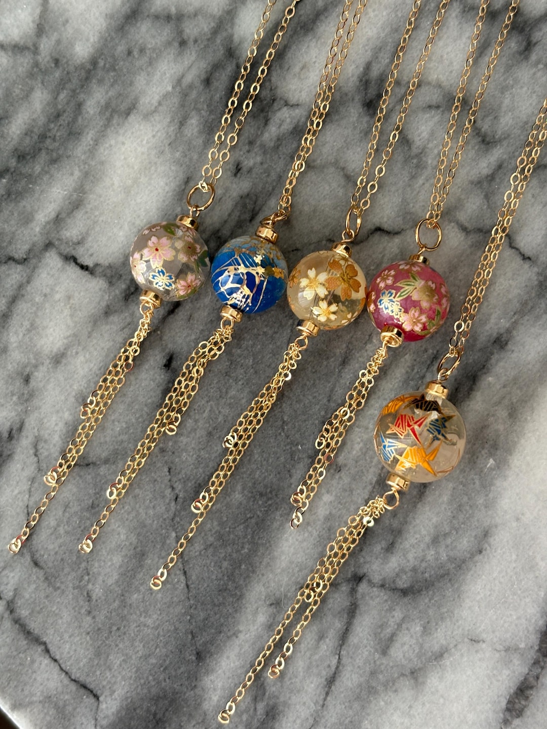 Sakura Ball Necklace Japanese Temari Cherry Blossoms Flowers in Gold or ...