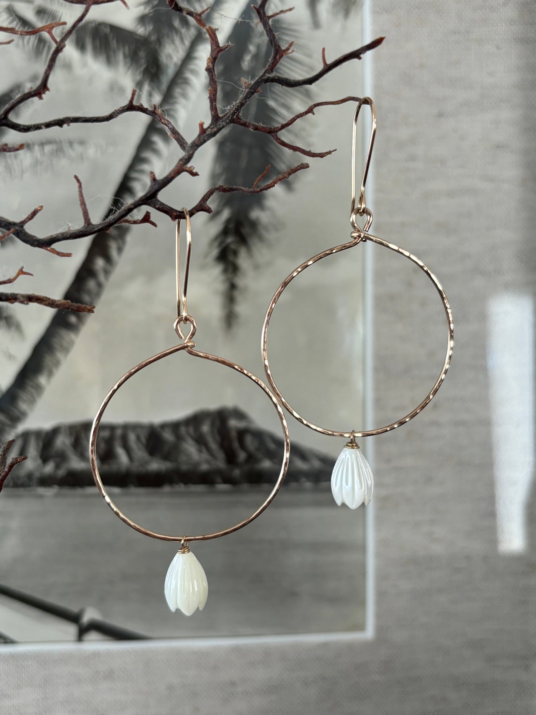 Hawaiian Pikake Large Hammered GOLD or SILVER Hoop Earrings - Etsy