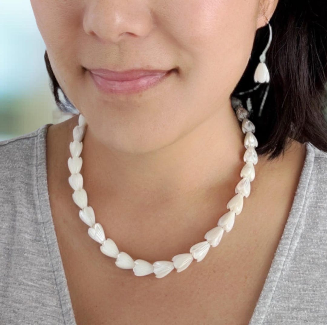 New! Hawaiian XL Pikake Mother of Pearl Gold or Silver Beaded Necklace ...