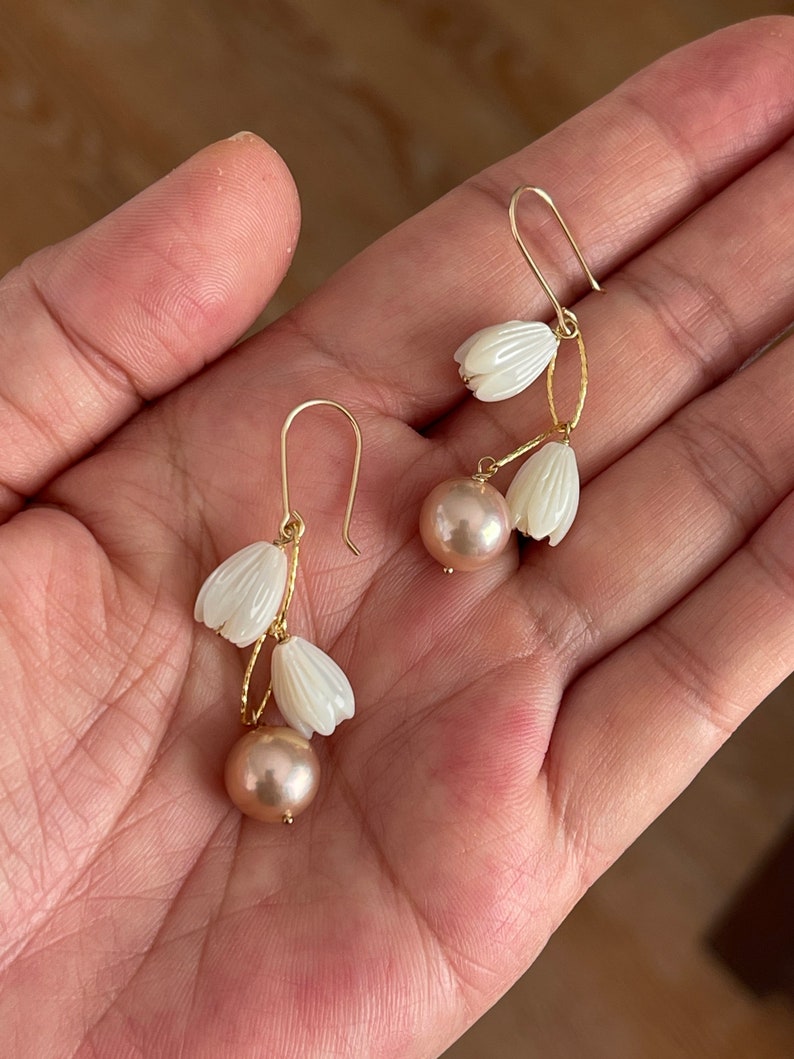 Pikake Edison Pink Pearl Gold or Silver Sparkle Dangle Earrings ...