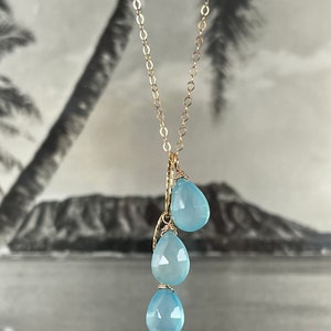 Triple Ocean Blue Chalcedony Drop Necklace Gold or Silver - Etsy