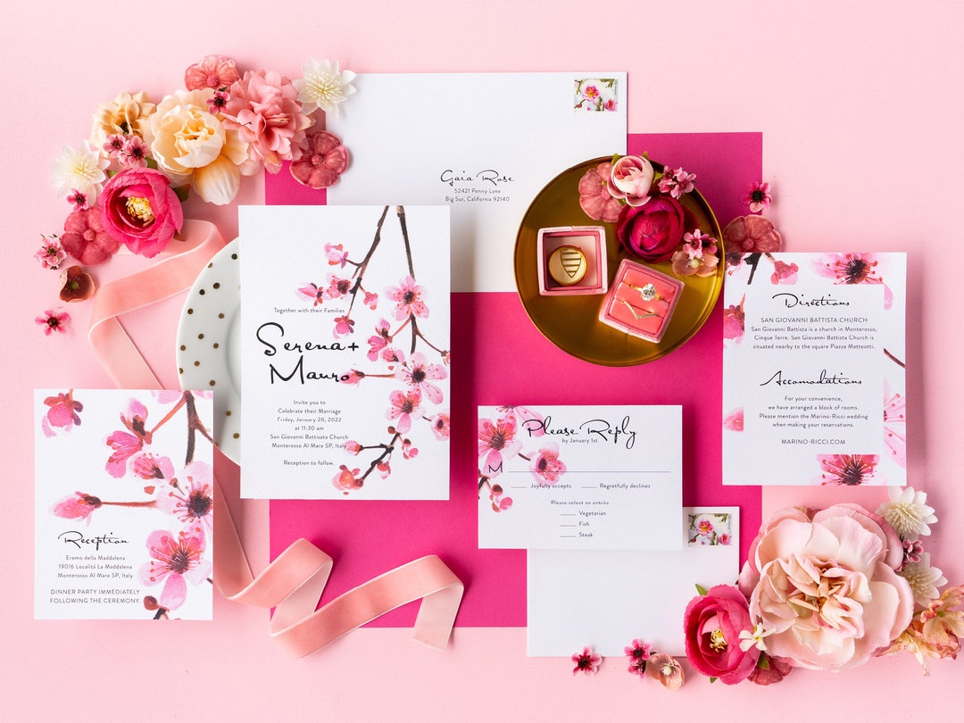 Cherry Blossom Watercolor Wedding Suite - Pink Spring Floral Printed ...