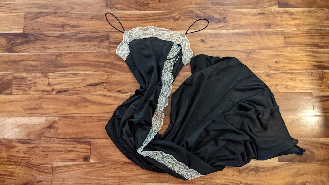 Vintage 70s Undercoverwear Silky Black Open Nightgown With Cream Lace ...