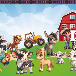 Cute Farm Clipart PNG Bundle, Cute Farm Animal Clipart, Barn, Tractor ...