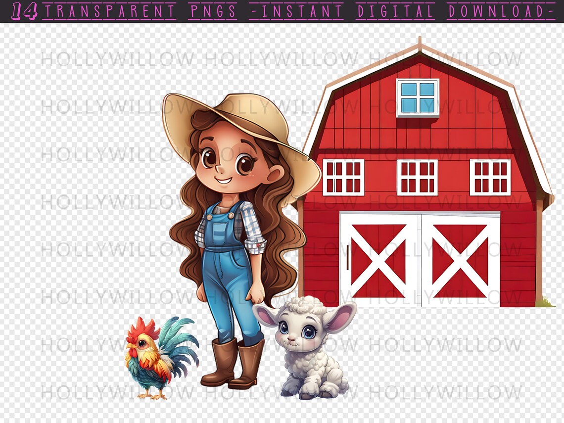 Cute Farm Clipart PNG Bundle, Cute Farm Animal Clipart, Barn, Tractor ...