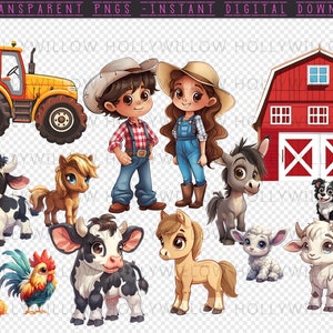Cute Farm Clipart PNG Bundle, Cute Farm Animal Clipart, Barn, Tractor ...