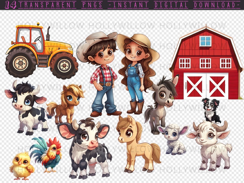 Cute Farm Clipart PNG Bundle, Cute Farm Animal Clipart, Barn, Tractor ...