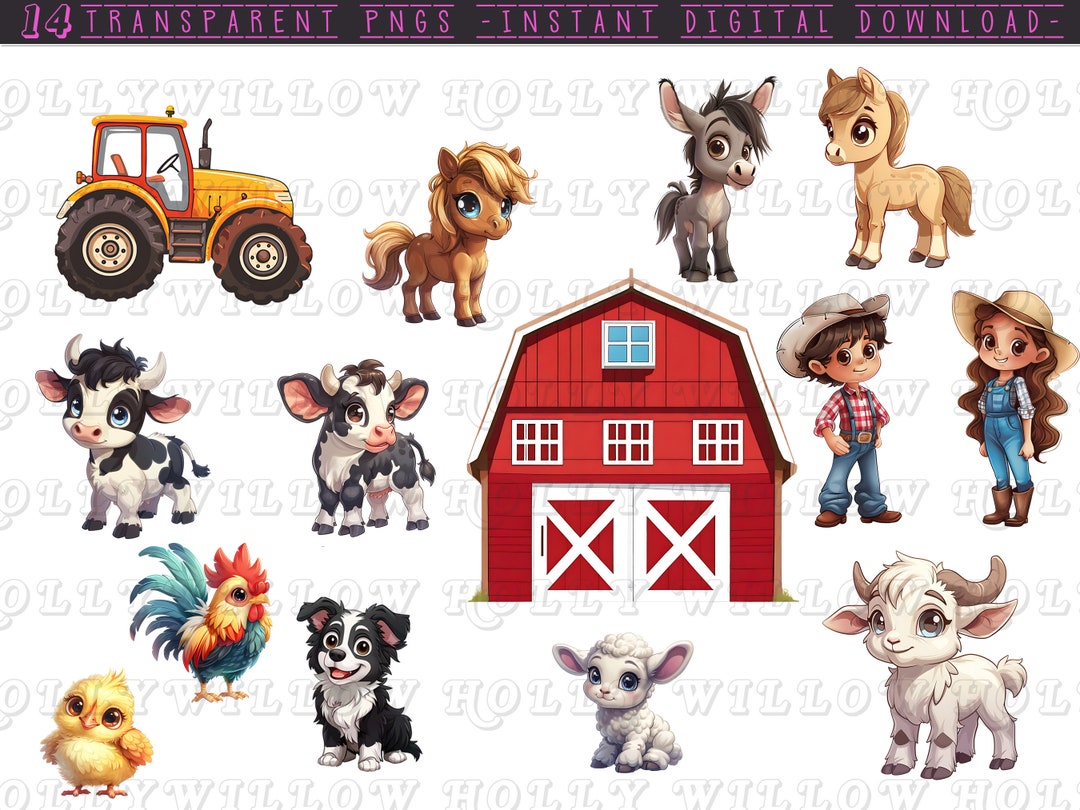 Cute Farm Clipart PNG Bundle, Cute Farm Animal Clipart, Barn, Tractor ...