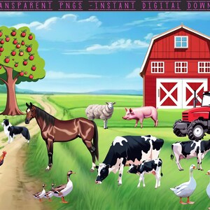 Farm Clipart PNG Bundle, Farm Animal Clipart, Incl Barn and Tractor ...