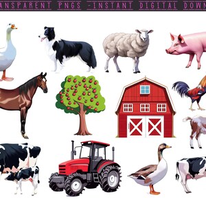 Farm Clipart PNG Bundle, Farm Animal Clipart, Incl Barn and Tractor ...