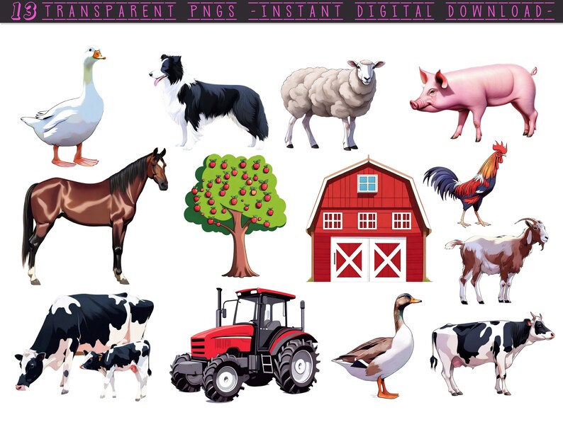 Farm Clipart PNG Bundle, Farm Animal Clipart, Incl Barn and Tractor ...