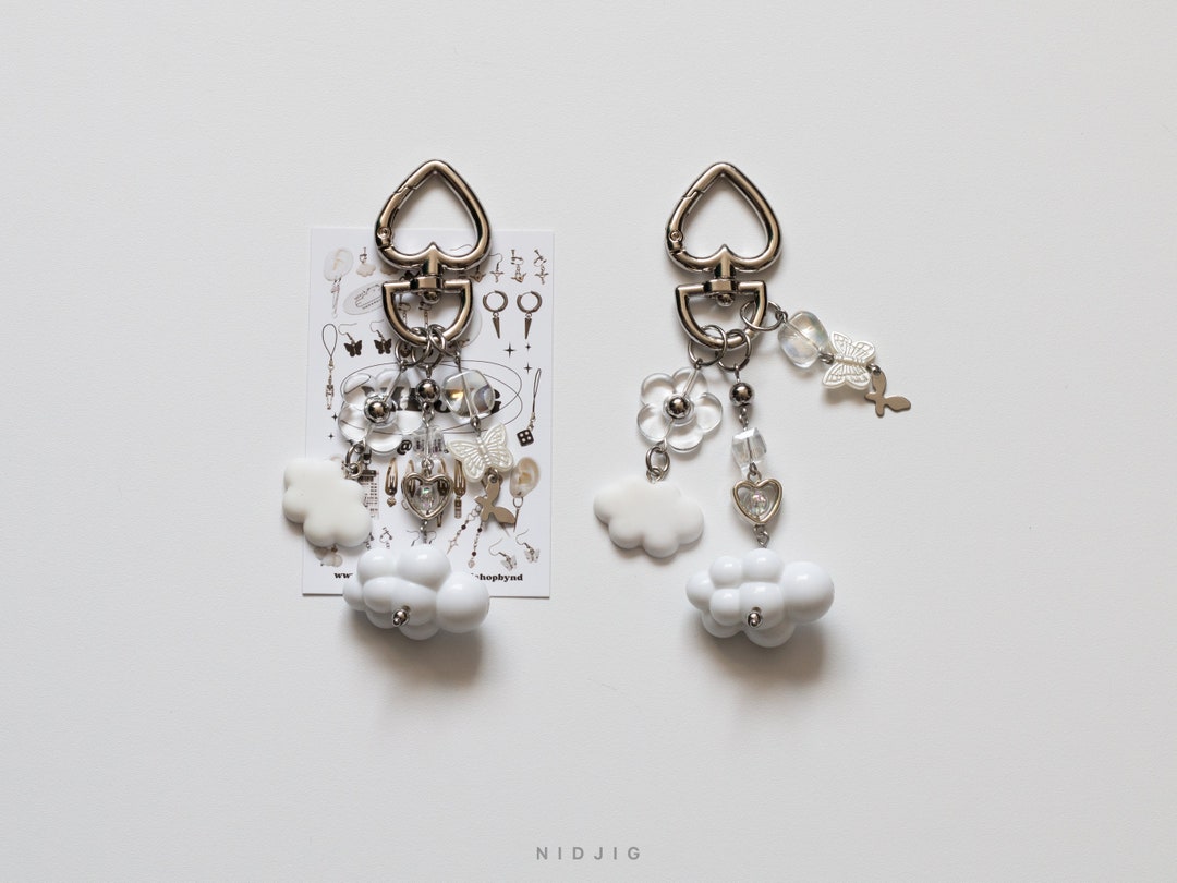 Cloud X Butterfly Handmade Beaded Keychain Heart Y2k Silver Metal White ...