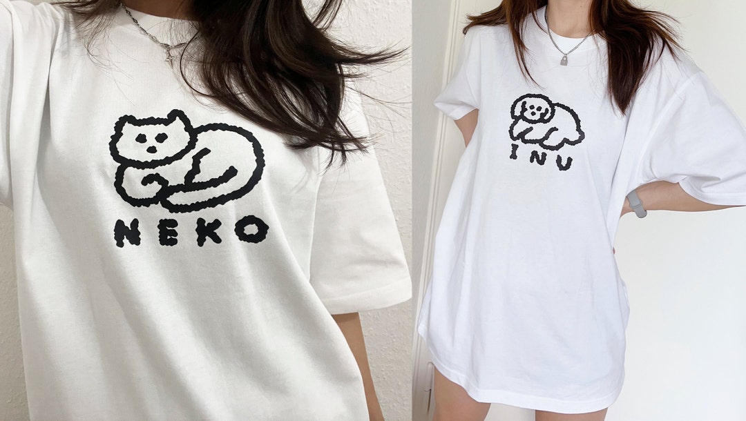 Kawaii INU/NEKO dog/cat in Japanese 100% Cotton Unisex Oversize 240gsm ...