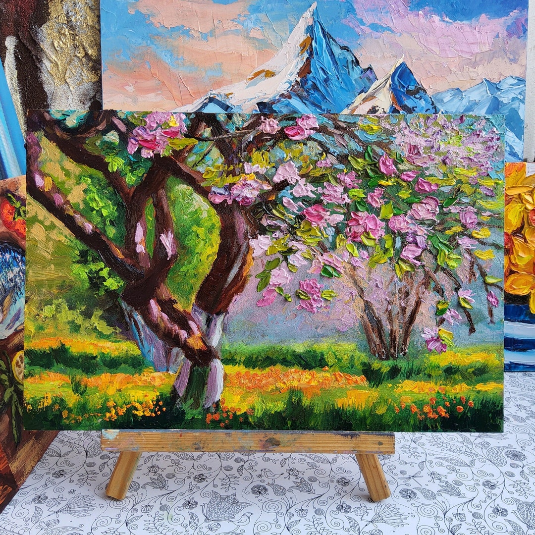 Blooming Apple Tree Oil Painting: Spring Garden Impasto Art (8x12) - Etsy