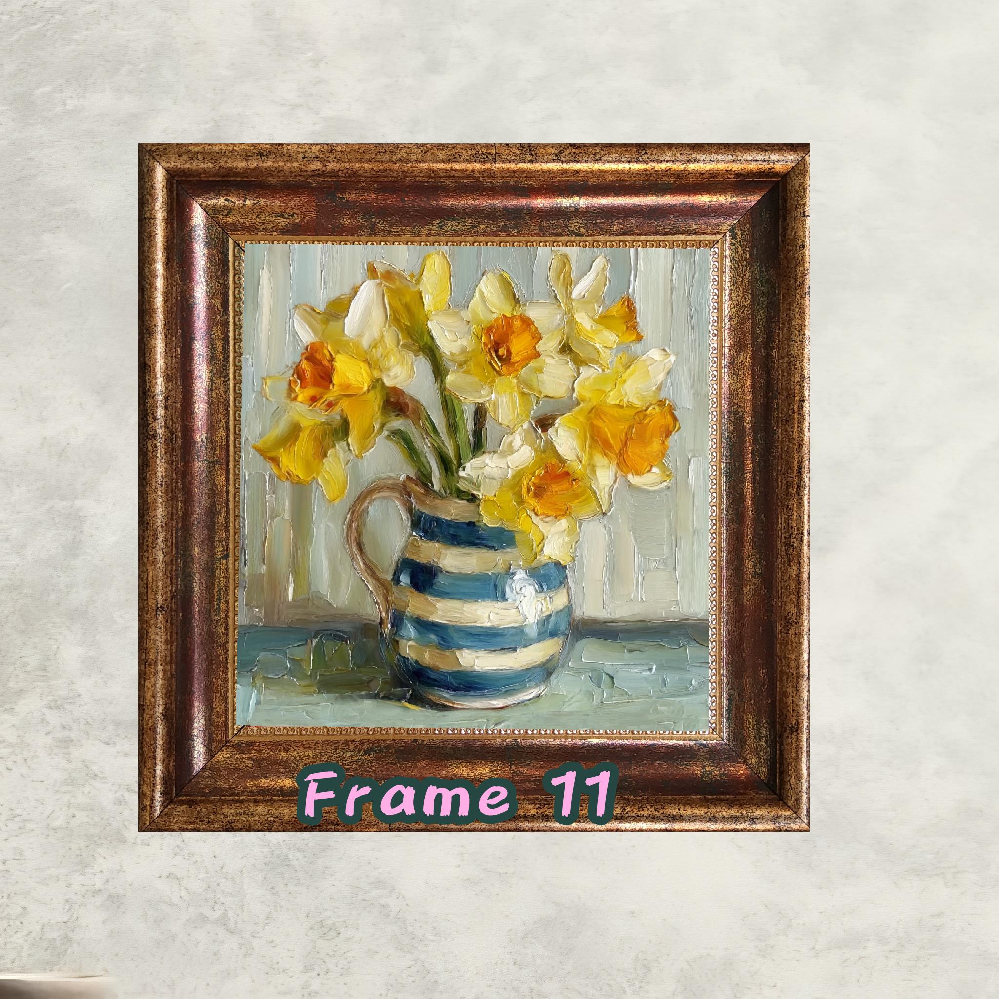 Daffodil Oil Painting, Yellow Spring Flowers in Blue Striped Jug ...