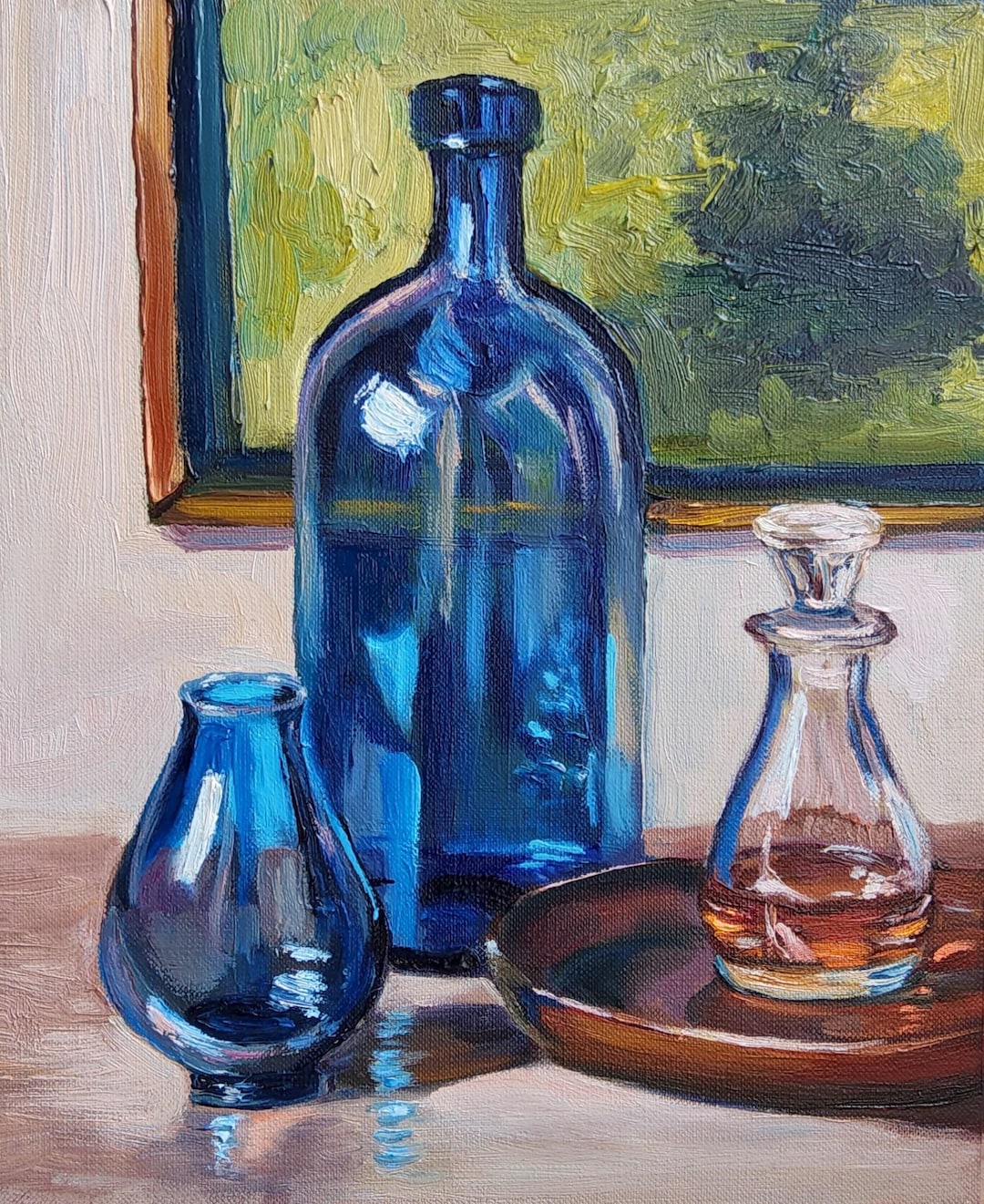 Blue Glass Bottle Still Life Oil Painting Impasto Kitchen Decor Small
