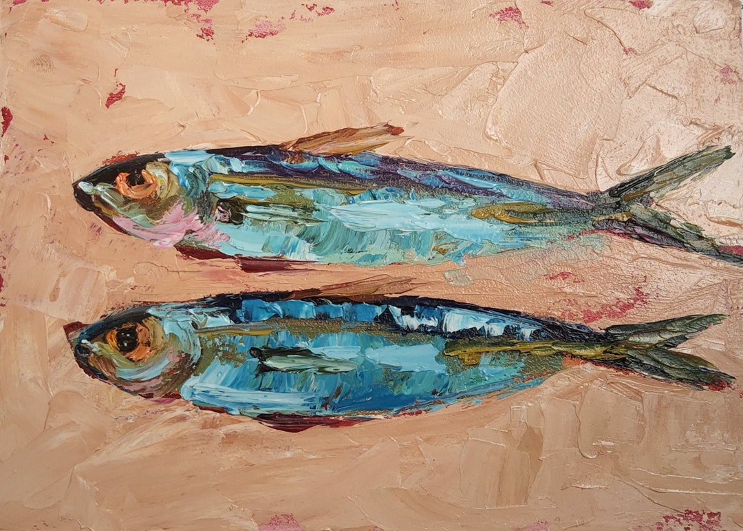 Two Fish Original Oil Painting 5x7 Sardines Swimming Forward Small ...