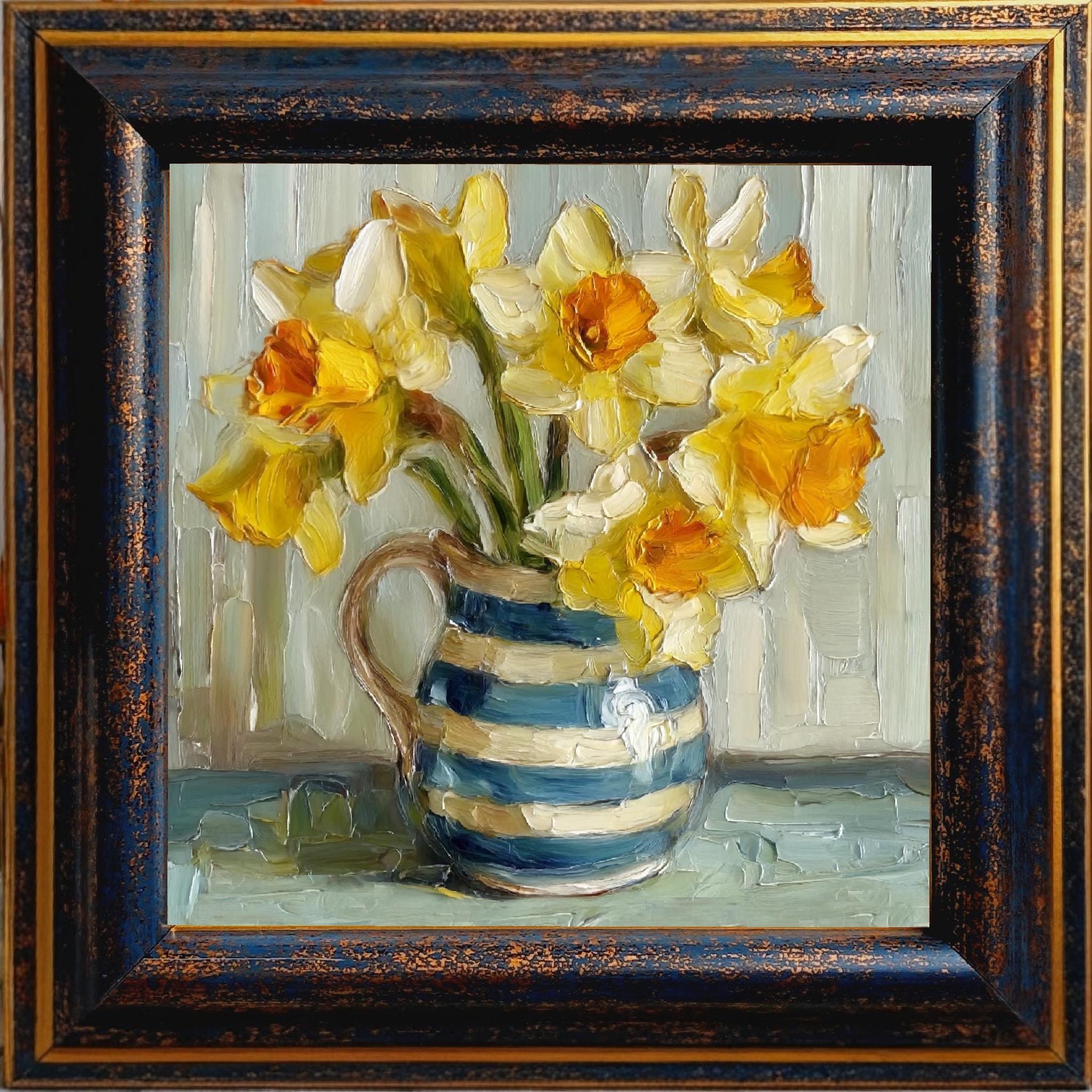 Daffodil Oil Painting, Yellow Spring Flowers in Blue Striped Jug ...