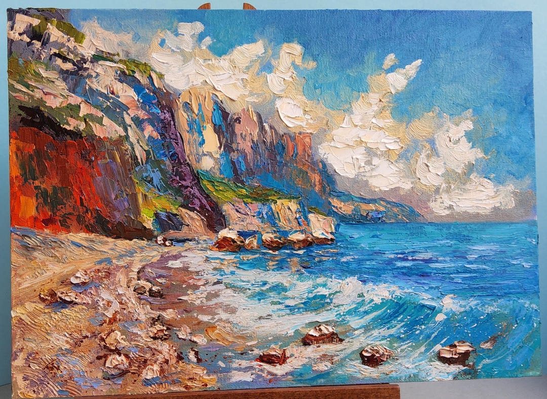 Seashore Oil Painting: Coastal Mountain Seascape, Original Canvas Art ...