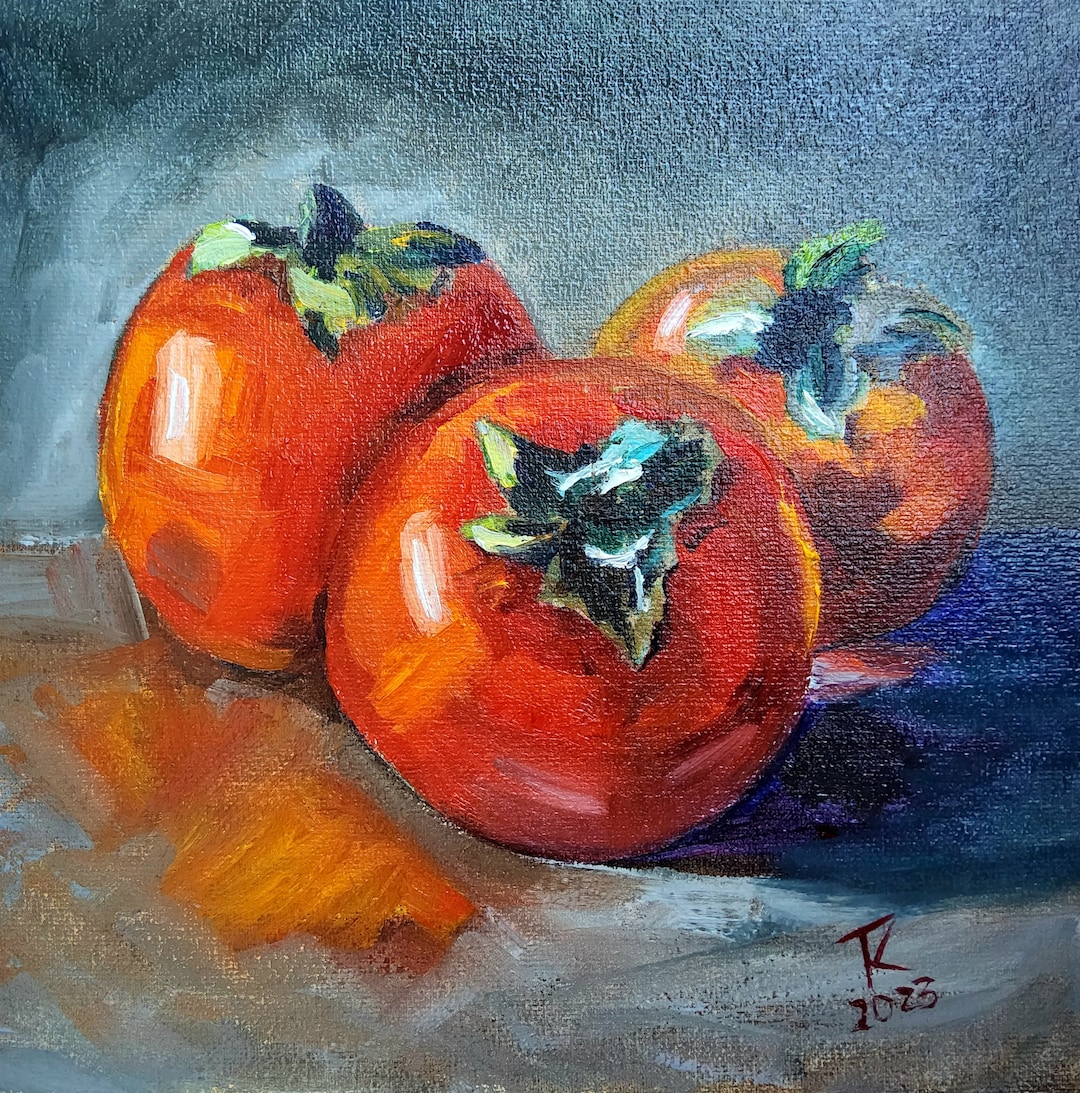 Persimmon Painting Fruit Original Art Kitchen Wall Art Still Life ...
