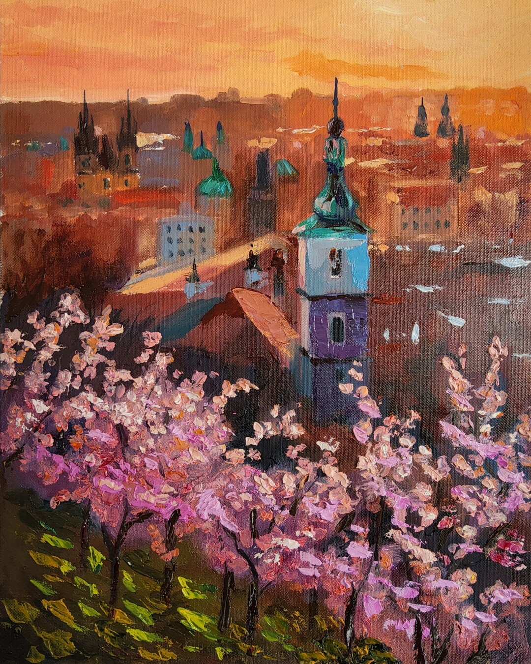 Prague Painting Original Art Cherry Blossom Landscape Oil Painting ...
