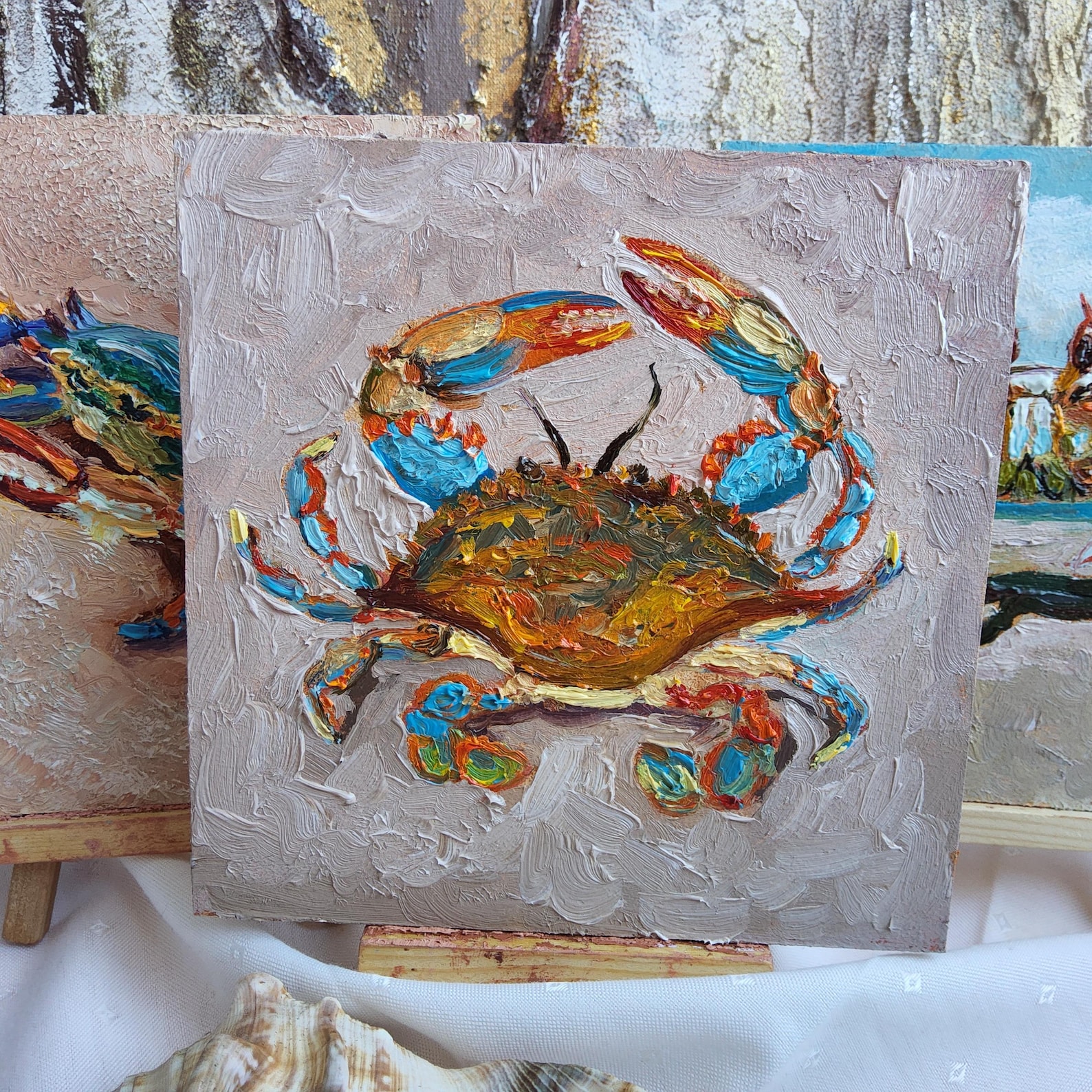 Crab Oil Painting Crab on Sand Top View Art Blue Crab Original Painting ...