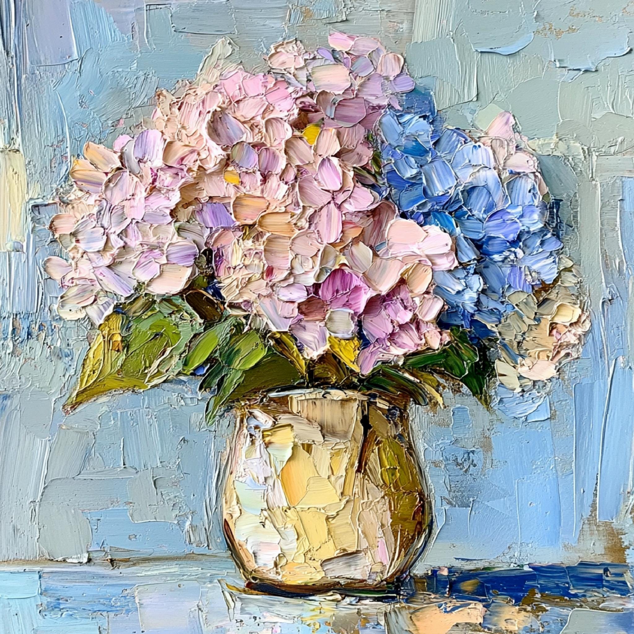 Hydrangea Oil Painting, Impasto Floral Still Life Textured Blue Pink ...