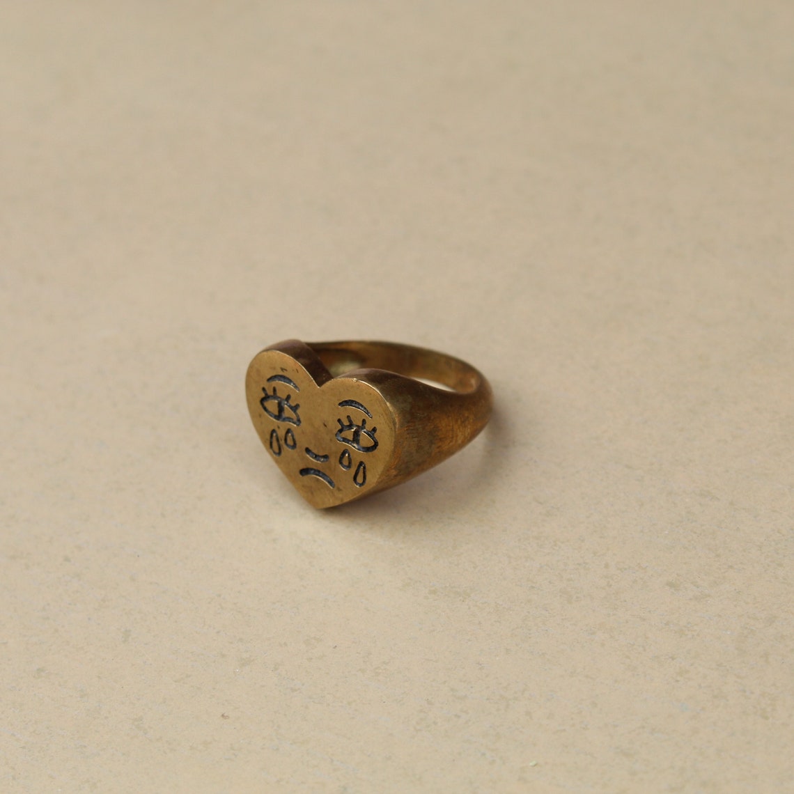Crying Face in Heart Ring, Sad Face Signet Ring, Crying Face Ring ...