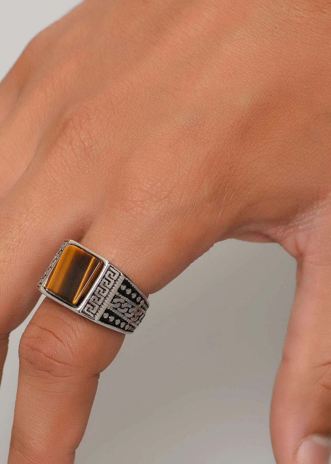 Mens Tiger Eye Ring, Square Tiger Eye Silver Ring, Heavy Men Gemstone ...