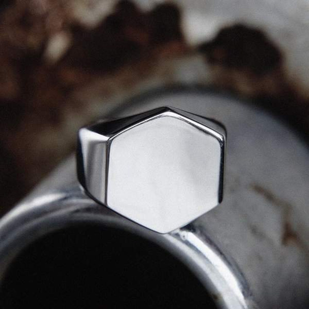 Men Hexagon Ring, Flat Bar Signet Ring. Man Small Silver Rings, Pinky ...