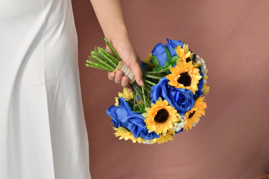 Handmade Sunflower & Royal Blue Rose Wedding Bouquet: Customized Bridal ...