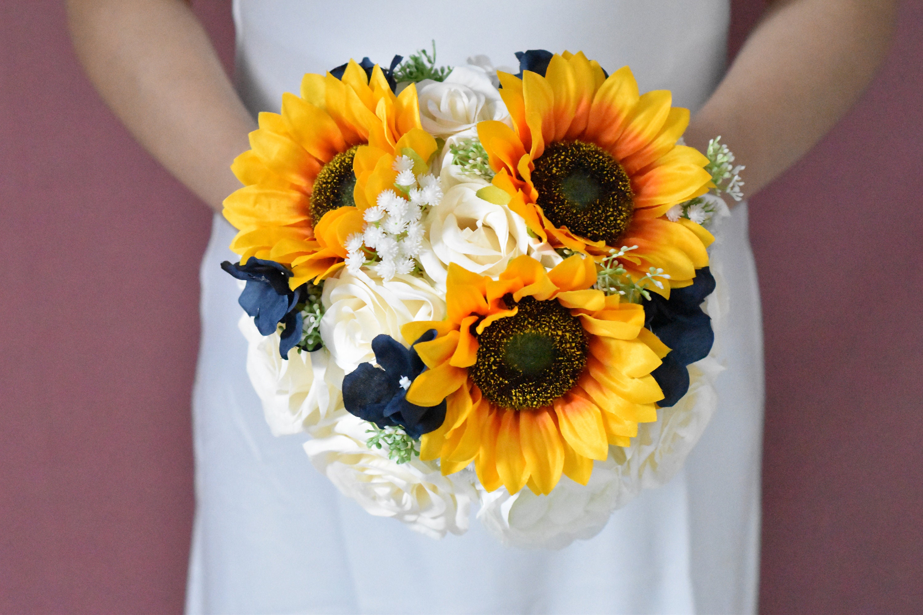 Artificial Navy Sunflower And Daisy Bridal Bouquets Blue Sunflower