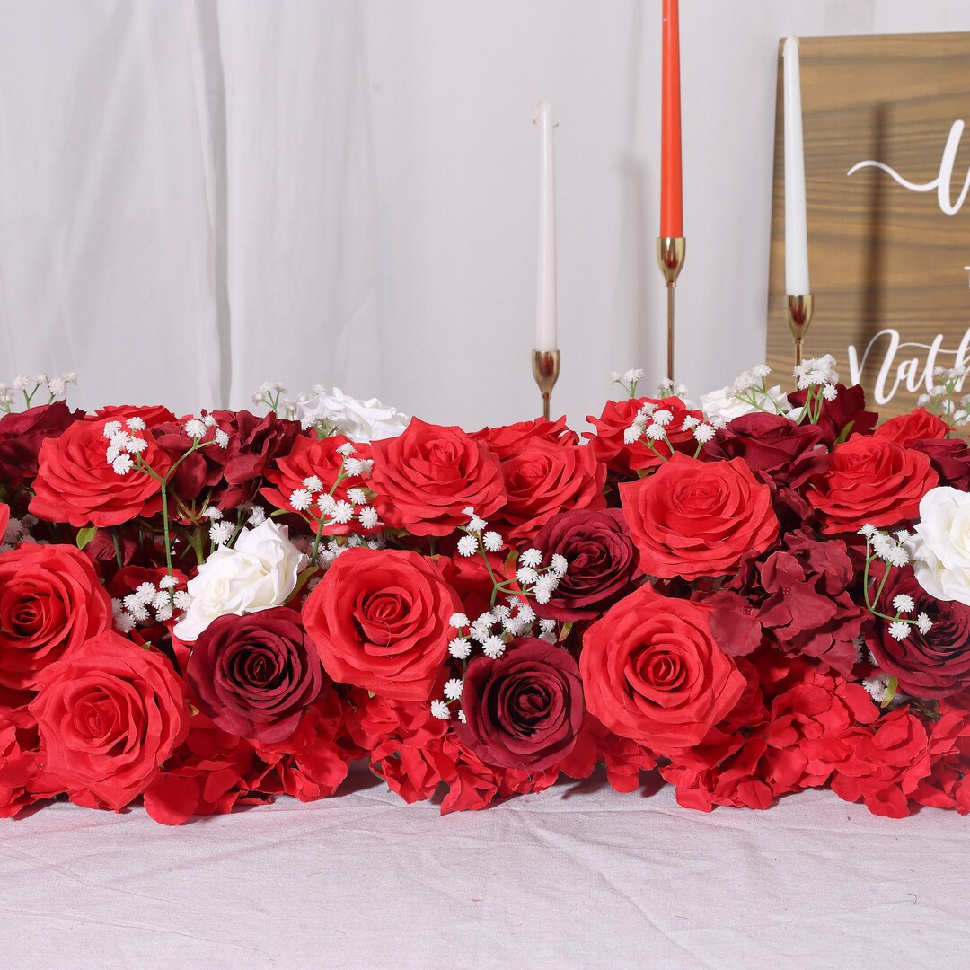 Red Rose Table Runner Fireplace Decor Burgundy Rose Table Decor Wedding ...