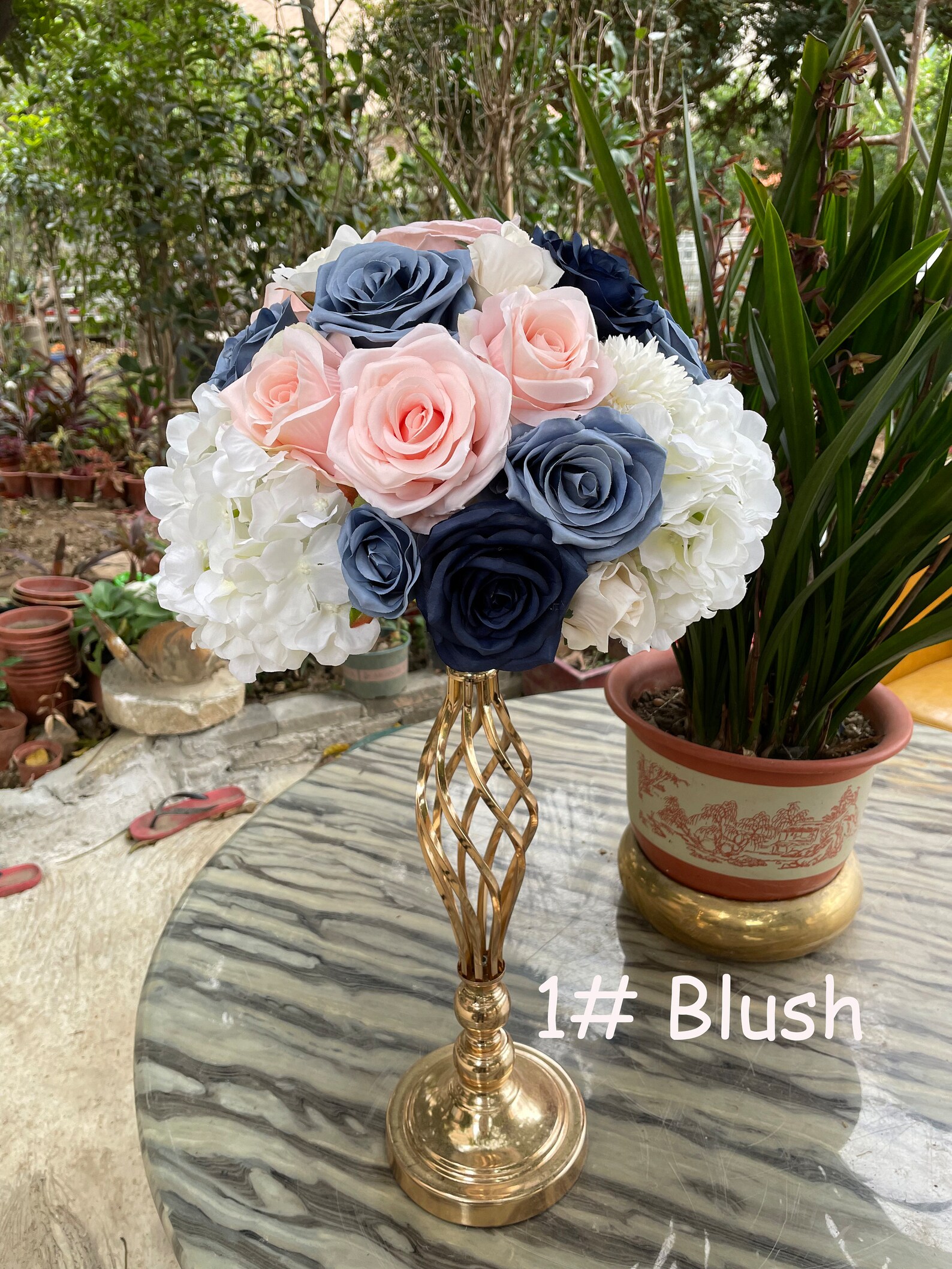 1pcs Customized Navy Blue Flower Ball Dusty Rose Centerpieces White ...
