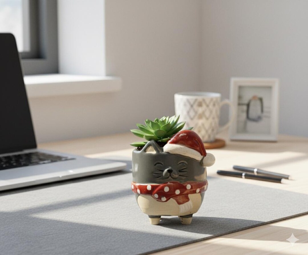 Cute Christmas Cat Planter With Santa Hat & Scarf | Ceramic Succulent ...