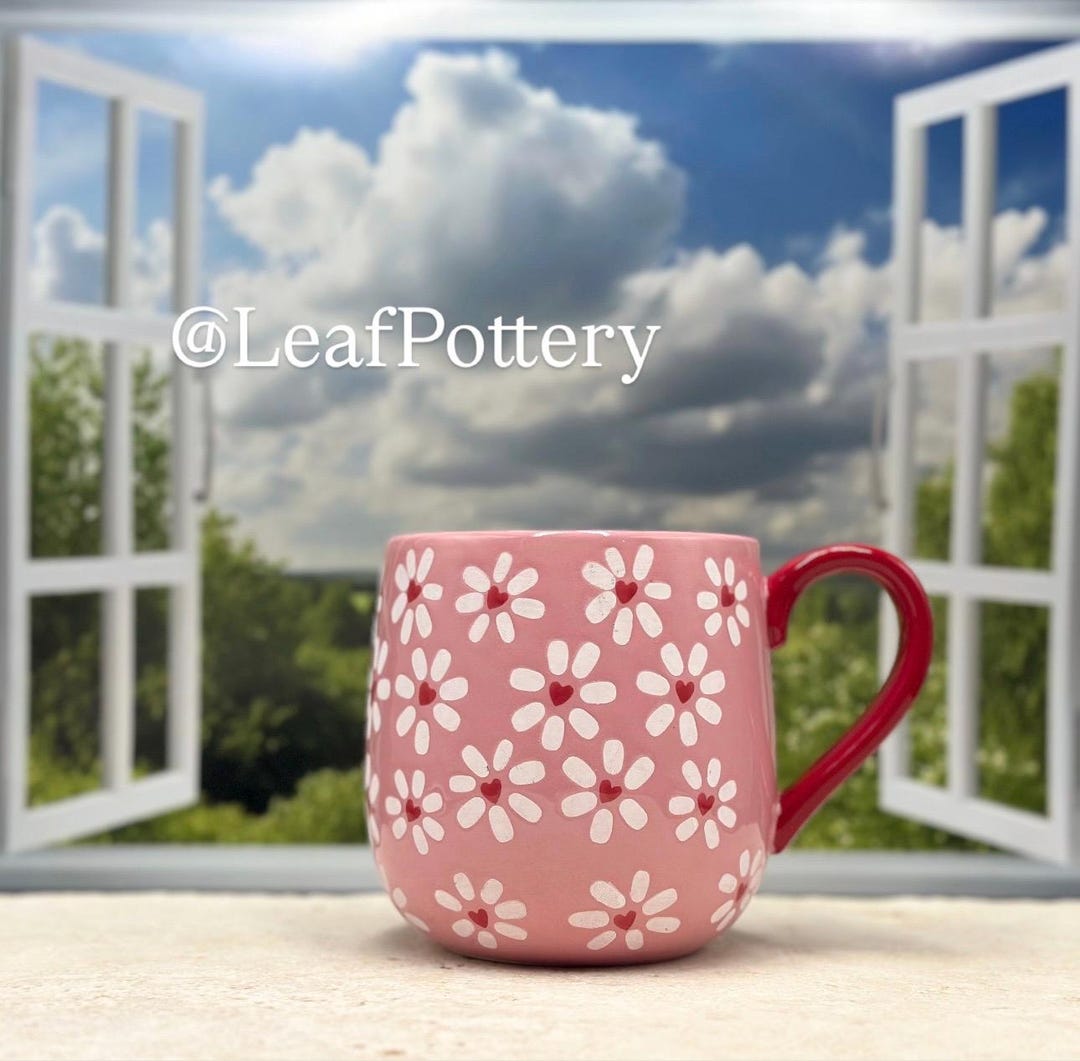 Hand-paintedhearts Daisy Pink/ Red Ceramic 18oz Mug/ceramic Mug/coffee ...