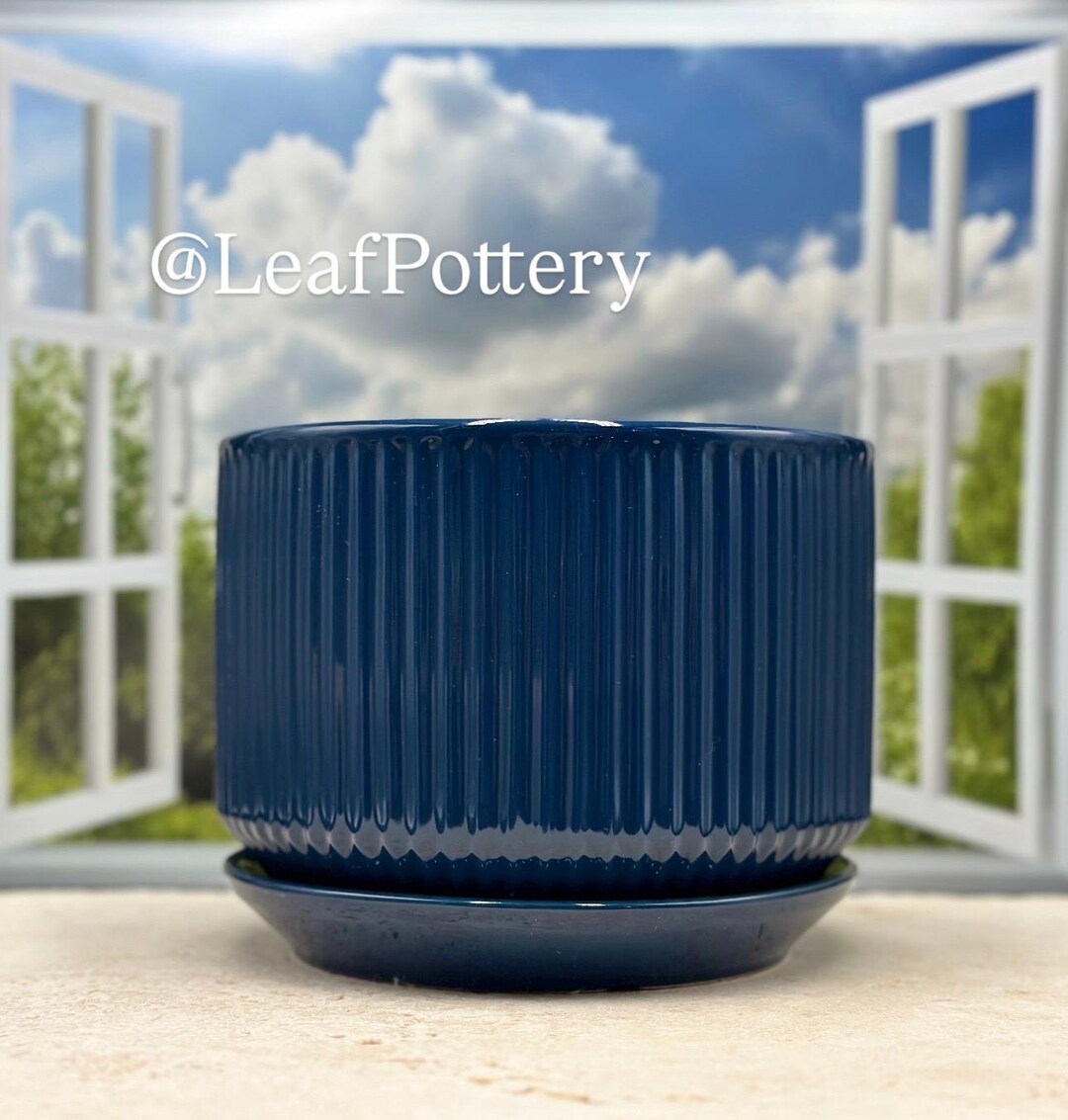 Navy Blue Ribbed Ceramic Planter With Saucer Attached/ Ceramic Planters ...