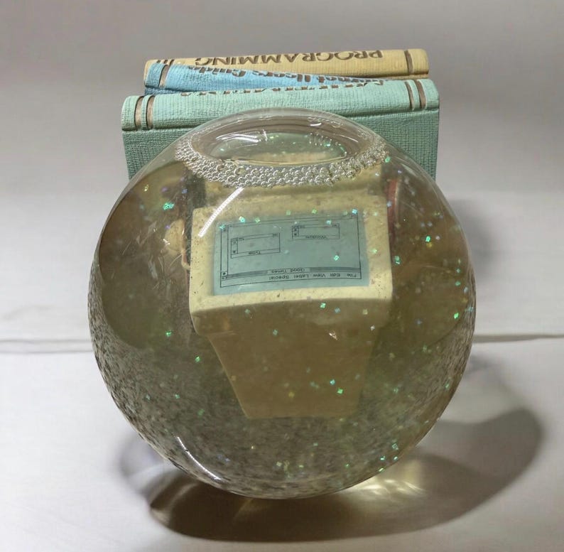 Vintage Computer Snow Globe - Retro PC on Book Stack "programming ...