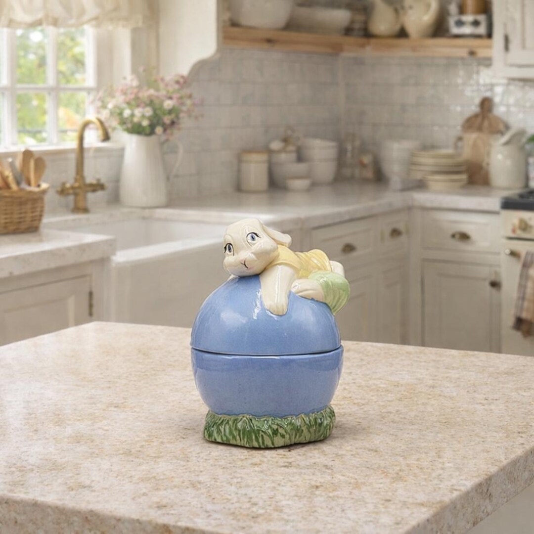 Vintage Ceramic Easter Bunny Cookie Jar - Pastel Blue Egg Canister With ...
