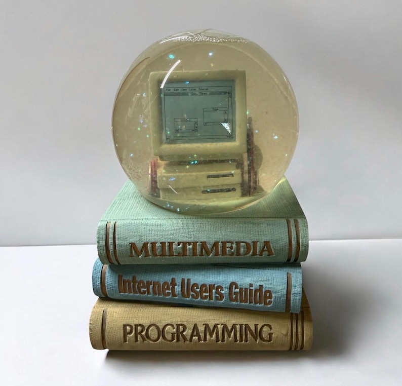 Vintage Computer Snow Globe - Retro PC on Book Stack "programming ...