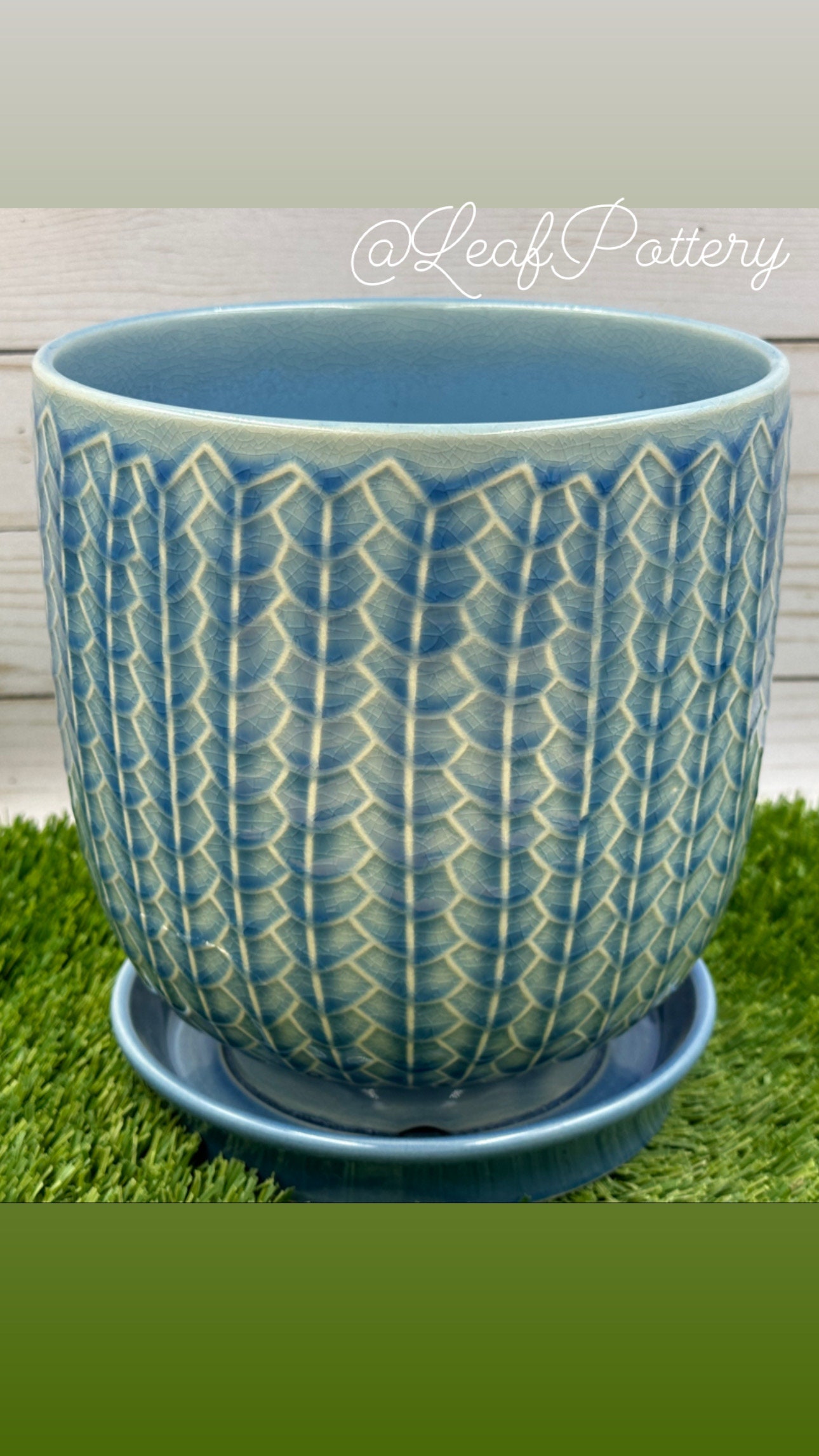 Light Blue Leaf Ceramicplanter Pot With Saucer Attached - Etsy