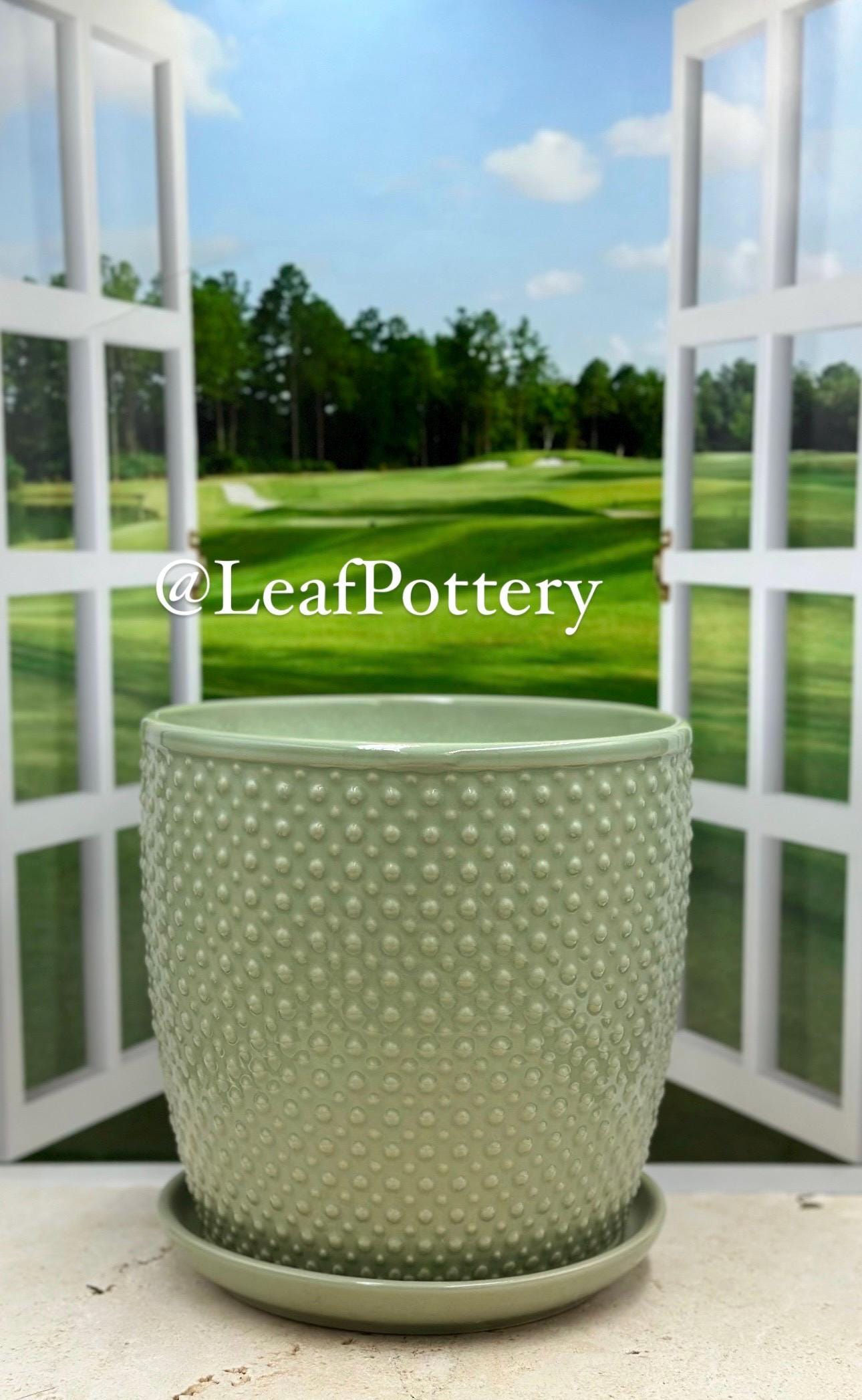 Sage Green Barrel Planter With Drainage and Attached Saucer, 8 Inch ...